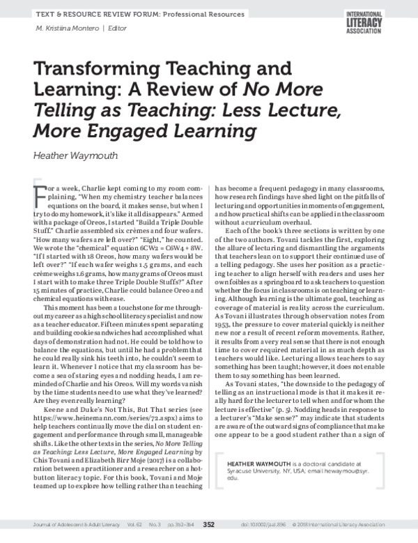(PDF) Transforming Teaching and Learning: A Review ofNo More Telling as Teaching: Less Lecture ...