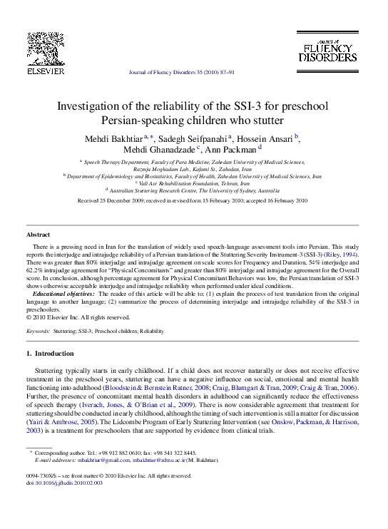 (PDF) Investigation of the reliability of the SSI-3 for preschool ...