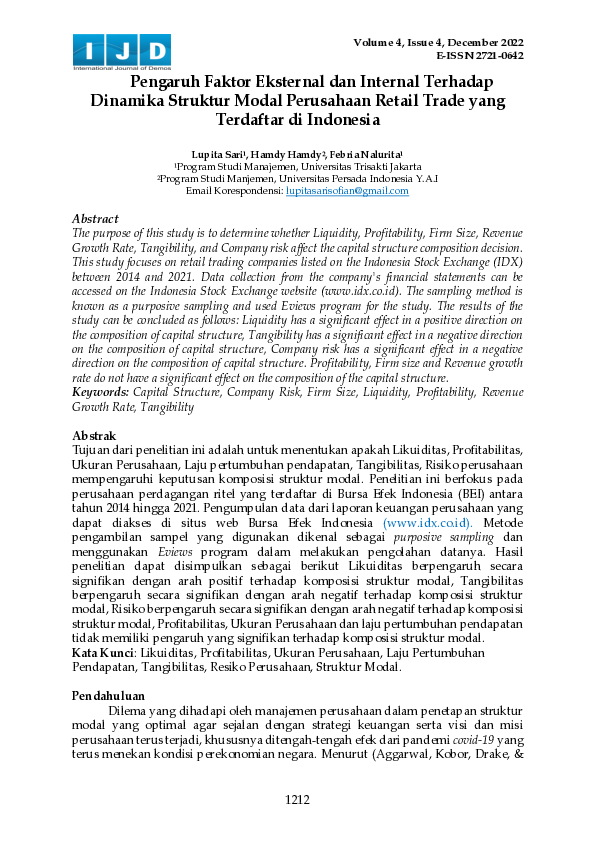 (PDF) Pengaruh Faktor Eksternal dan Internal Terhadap Dinamika Struktur Modal Perusahaan Retail ...