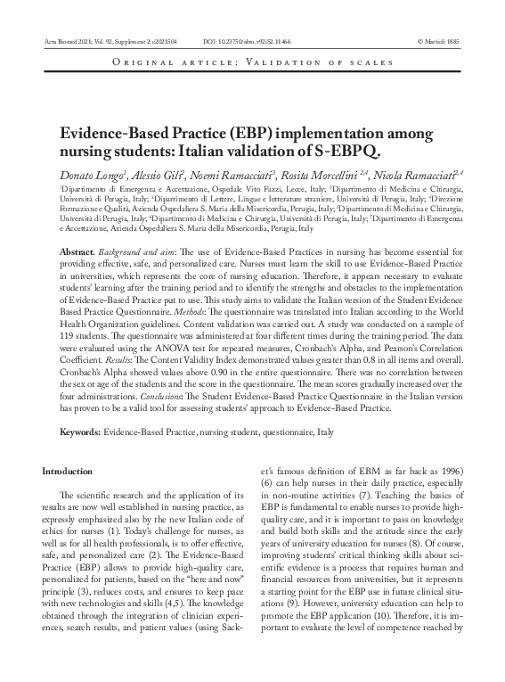 (PDF) Evidence-Based Practice (EBP) implementation among nursing students: Italian validation of ...