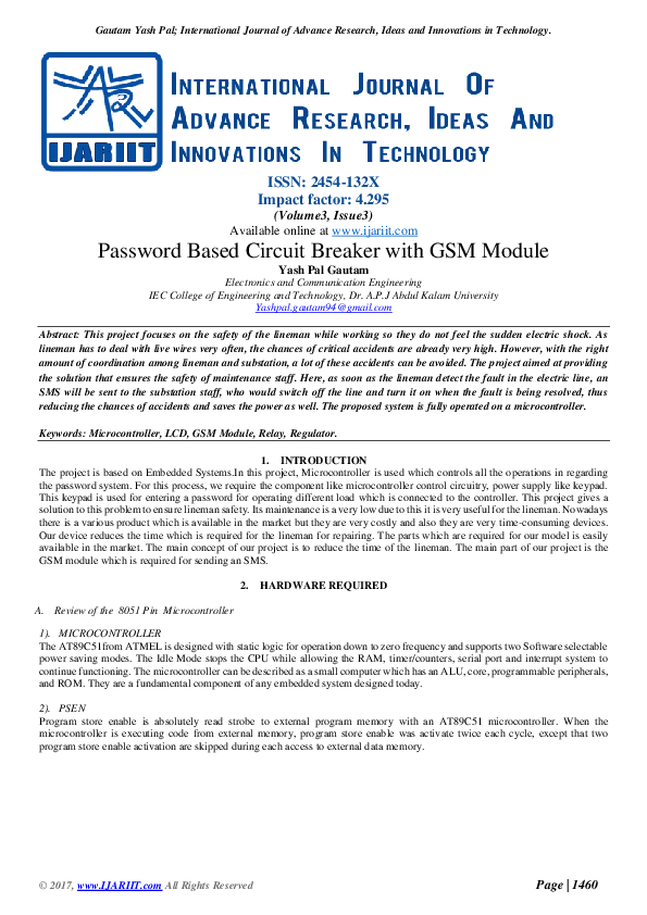 (PDF) Password Based Circuit Breaker with GSM Module