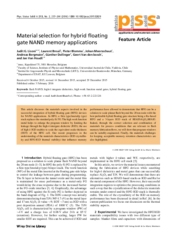 (PDF) Material selection for hybrid floating gate NAND memory applications