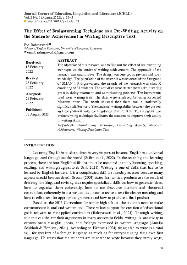 (PDF) Effect of Brainstorming Technique as a Pre-Writing Activity on ...