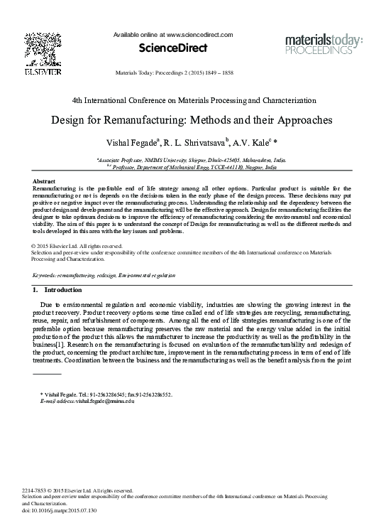 (PDF) Design for Remanufacturing: Methods and their Approaches