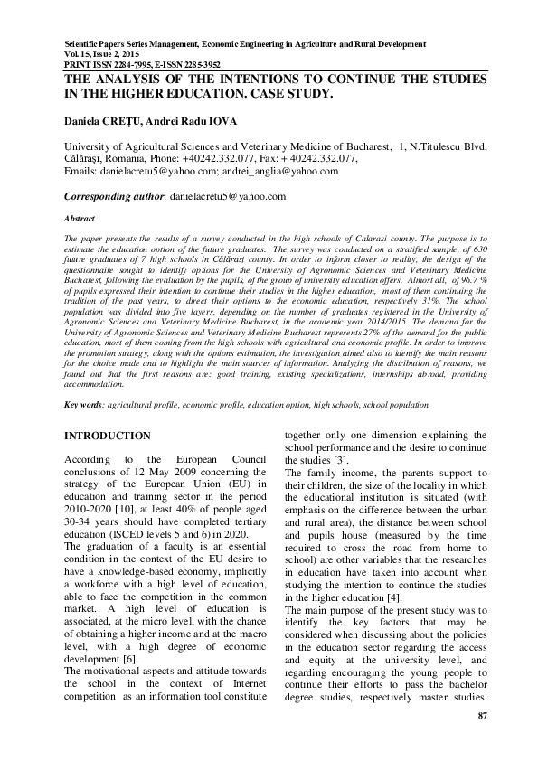 (PDF) The Analysis of the Intentions to Continue the Studies in the ...
