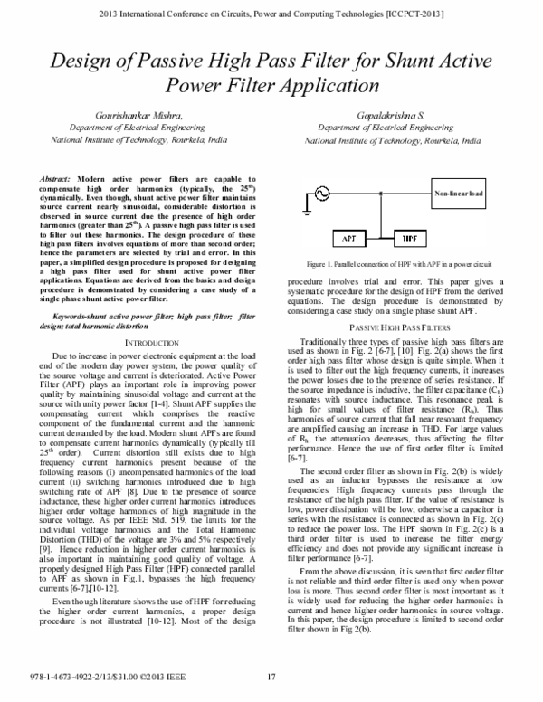 (PDF) Design of passive high pass filter for shunt active power filter application