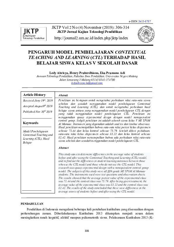 (PDF) Pengaruh Model Pembelajaran Contextual Teaching and Learning (CTL) Terhadap Hasil Belajar ...