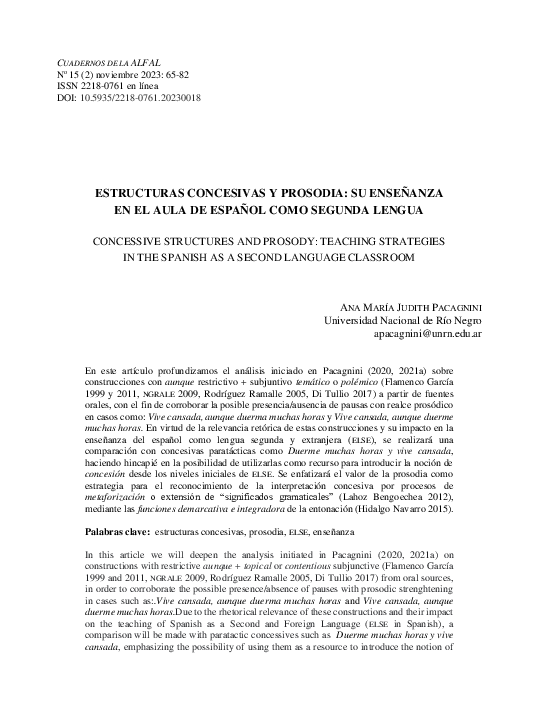 (PDF) Estructuras concesivas y prosodia: su enseñanza en el aula de español como segunda lengua