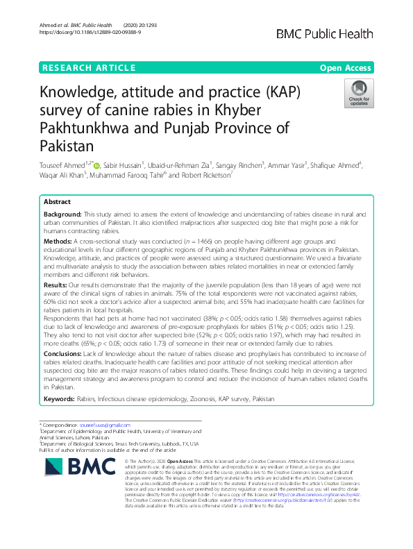 (PDF) Knowledge, attitude and practice (KAP) survey of canine rabies in Khyber Pakhtunkhwa and ...