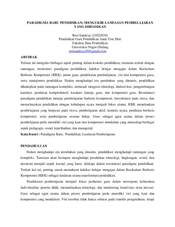 (PDF) PARADIGMA BARU PENDIDIKAN: MENGUKIR LANDASAN PEMBELAJARAN YANG DIIDAMKAN
