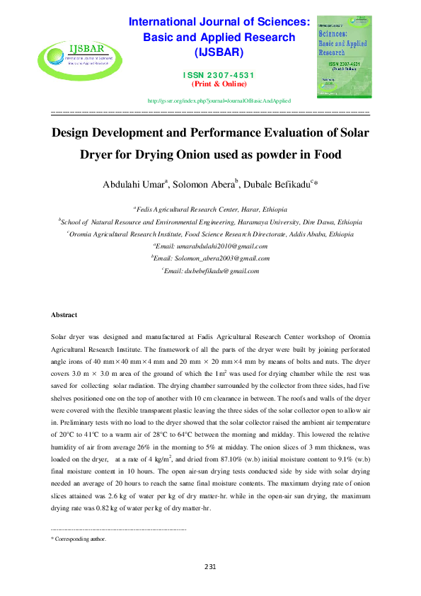 (PDF) Design Development and Performance Evaluation of Solar Dryer for Drying Onion used as ...