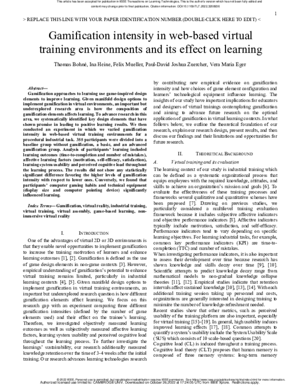 (PDF) Gamification intensity in web-based virtual training environments and its effect on learning