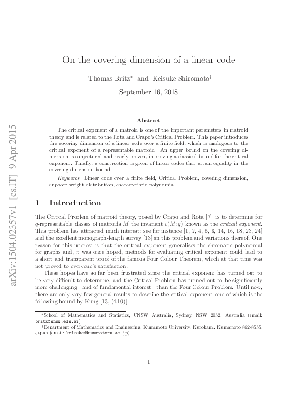 (PDF) On the covering dimension of a linear code