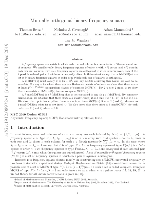 (PDF) Mutually Orthogonal Binary Frequency Squares