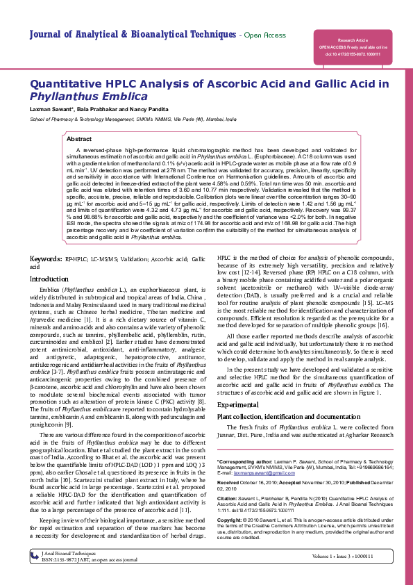 (PDF) Quantitative HPLC Analysis of Ascorbic Acid and Gallic Acid in Phyllanthus Emblica