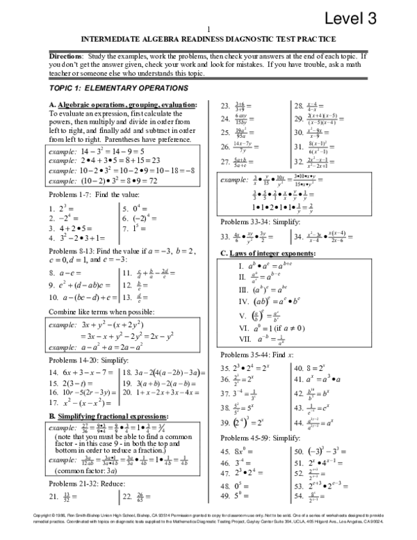 (PDF) INTERMEDIATE ALGEBRA READINESS DIAGNOSTIC TEST PRACTICE