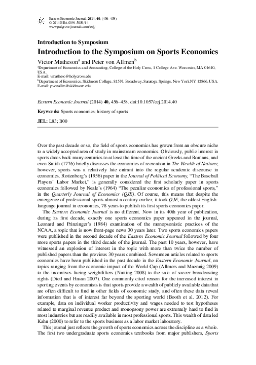 (PDF) Introduction to the Symposium on Sports Economics