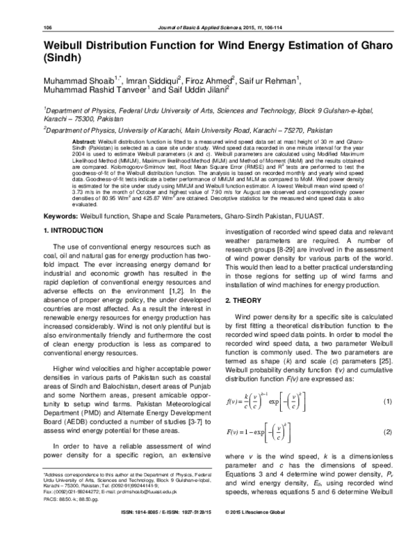 (PDF) Weibull Distribution Function for Wind Energy Estimation of Gharo (Sindh)