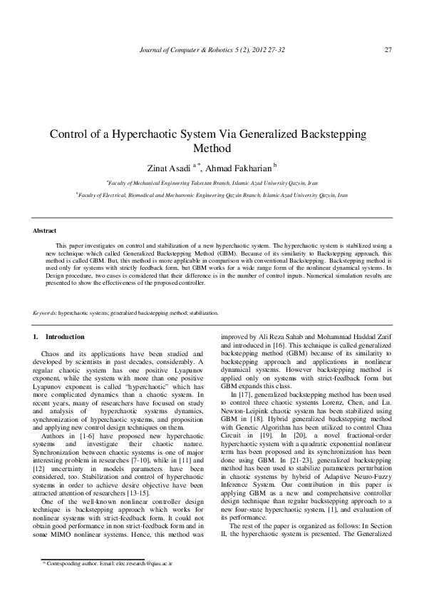 (PDF) Control of a Hyperchaotic System Via Generalized Backstepping Method