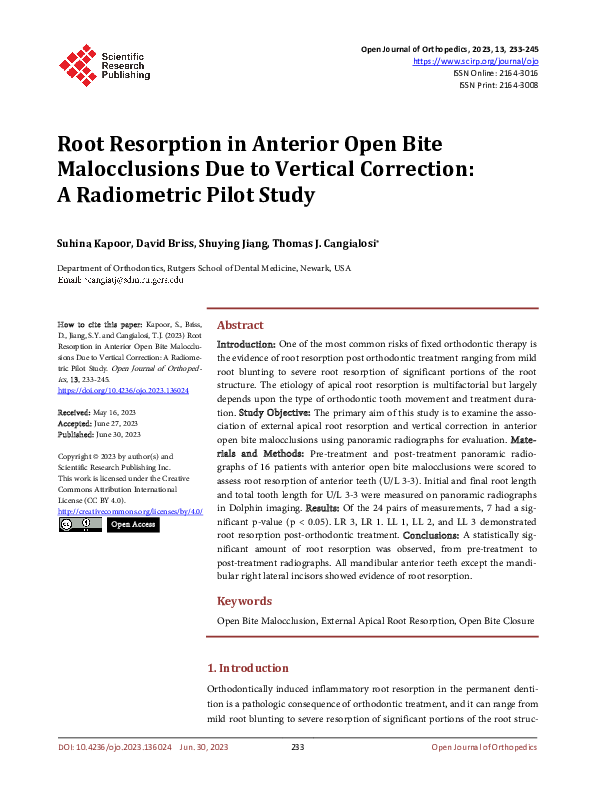 (PDF) Root Resorption in Anterior Open Bite Malocclusions Due to ...