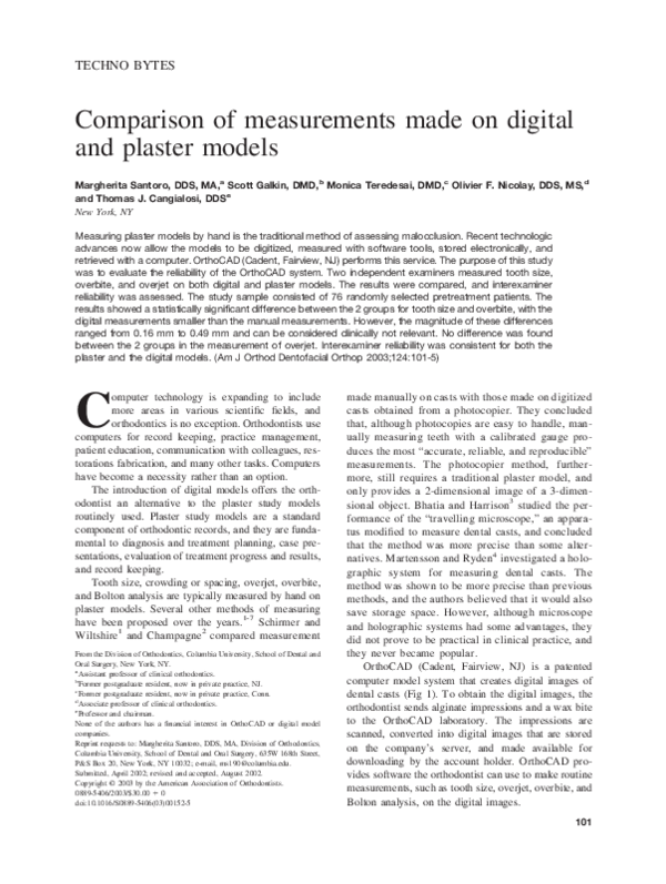 (PDF) Comparison of measurements made on digital and plaster models