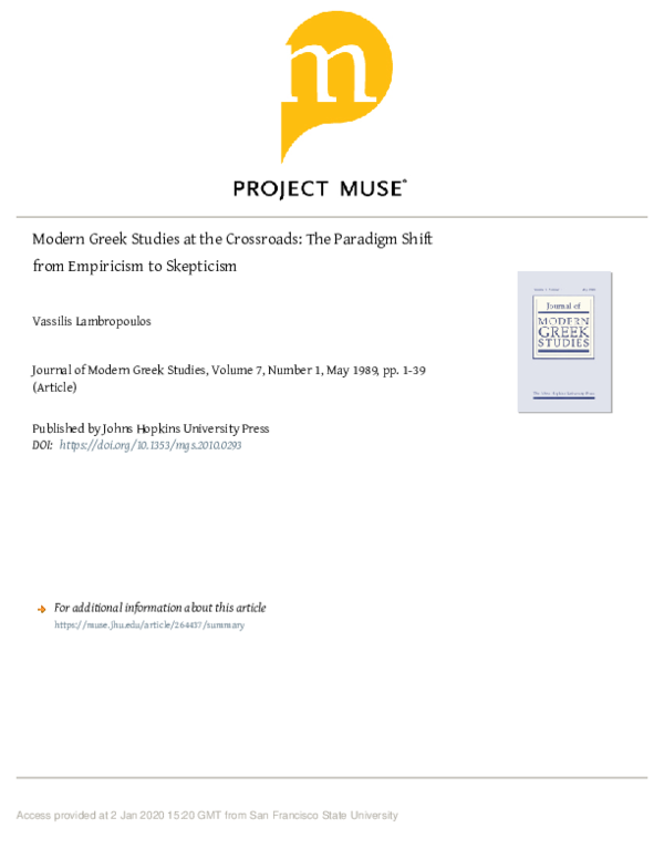 (PDF) Modern Greek Studies at the Crossroads: The Paradigm Shift from ...