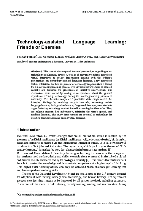 (PDF) Technology-assisted Language Learning: Friends or Enemies