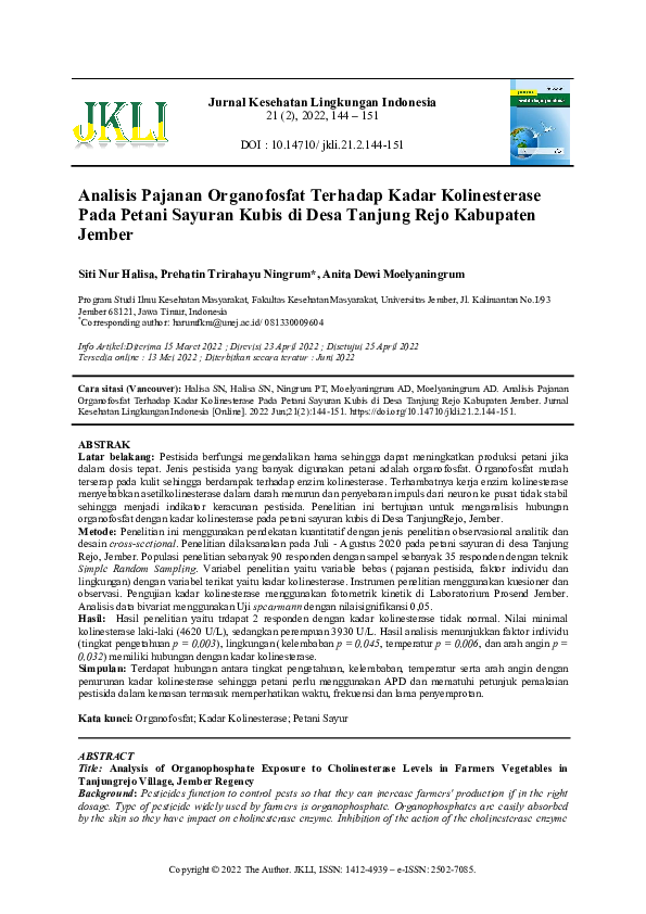 (PDF) Analisis Pajanan Organofosfat Terhadap Kadar Kolinesterase Pada ...
