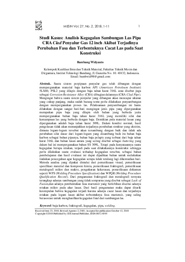 (PDF) Studi Kasus: Analisis Kegagalan Sambungan Las Pipa CRA Clad ...