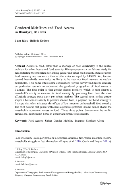 (PDF) Gendered Mobilities and Food Access in Blantyre, Malawi