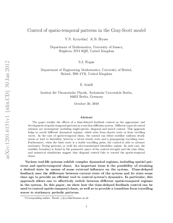 (PDF) Control of spatiotemporal patterns in the Gray–Scott model