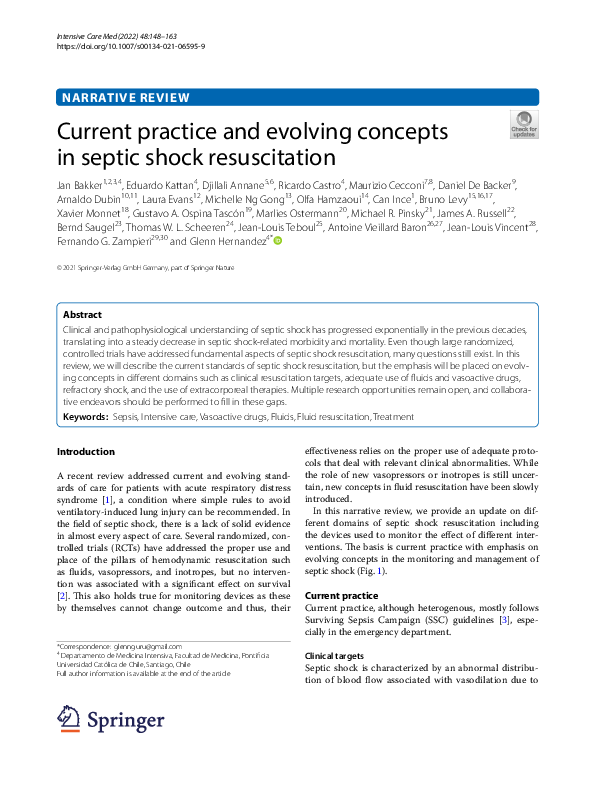 (PDF) Current practice and evolving concepts in septic shock resuscitation