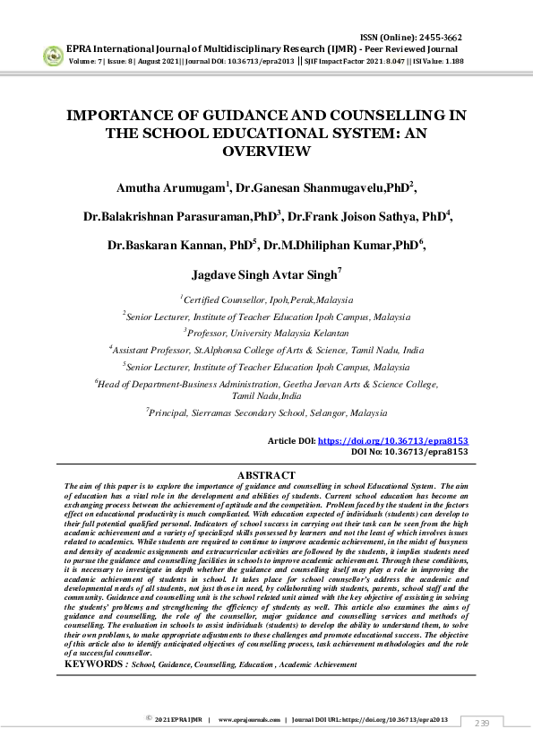 (PDF) Importance of Guidance and Counselling in the School Educational ...