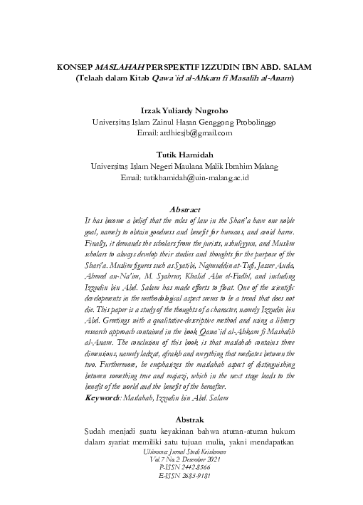 (PDF) KONSEP MASLAHAH PERSPEKTIF IZZUDIN IBN ABD. SALAM (Telaah dalam Kitab Qawa`id al-Ahkam fi ...