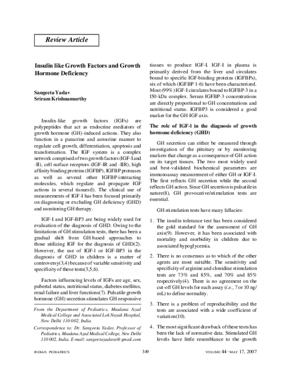 (PDF) Insulin like growth factors and growth hormone deficiency