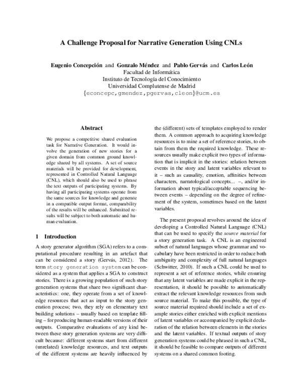 (PDF) A Challenge Proposal for Narrative Generation Using CNLs