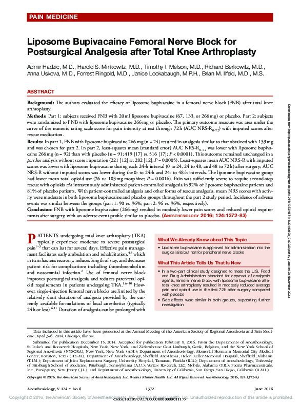 (PDF) Liposome Bupivacaine Femoral Nerve Block for Postsurgical ...