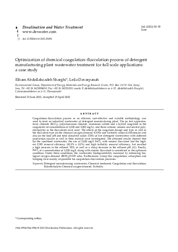 (PDF) Optimization of chemical coagulation-flocculation process of detergent manufacturing plant ...
