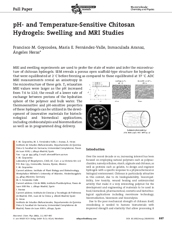 (PDF) pH- and Temperature-Sensitive Chitosan Hydrogels: Swelling and MRI Studies