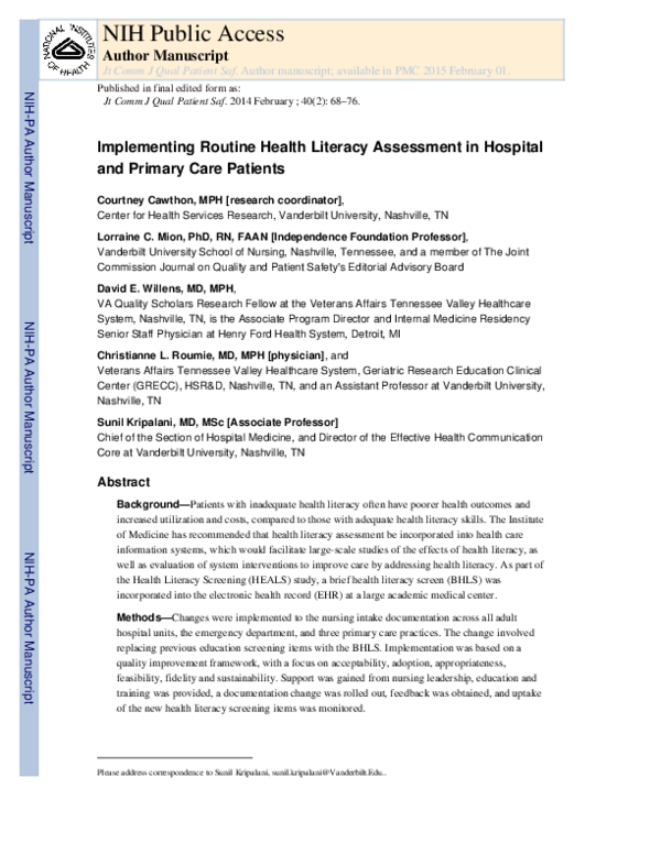 (PDF) Implementing Routine Health Literacy Assessment in Hospital and ...