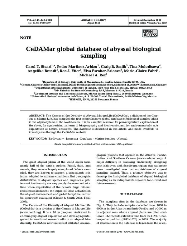 (PDF) CeDAMar global database of abyssal biological sampling