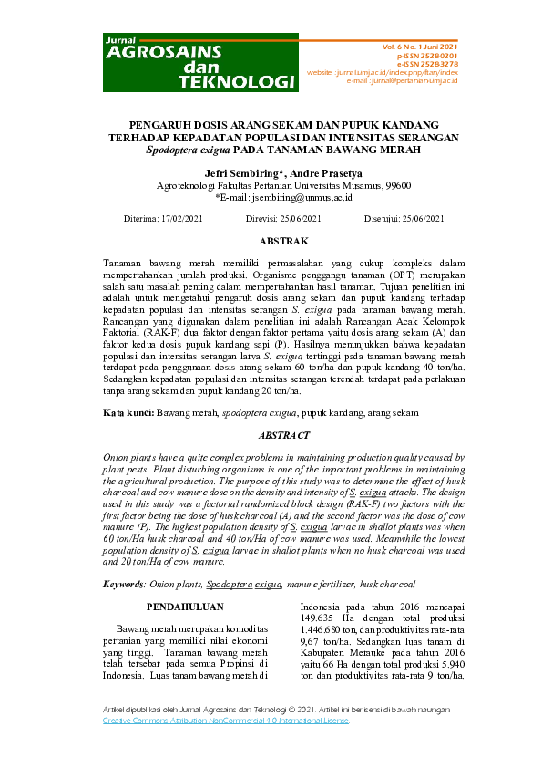 (PDF) PENGARUH DOSIS ARANG SEKAM DAN PUPUK KANDANG TERHADAP KEPADATAN POPULASI DAN INTENSITAS ...