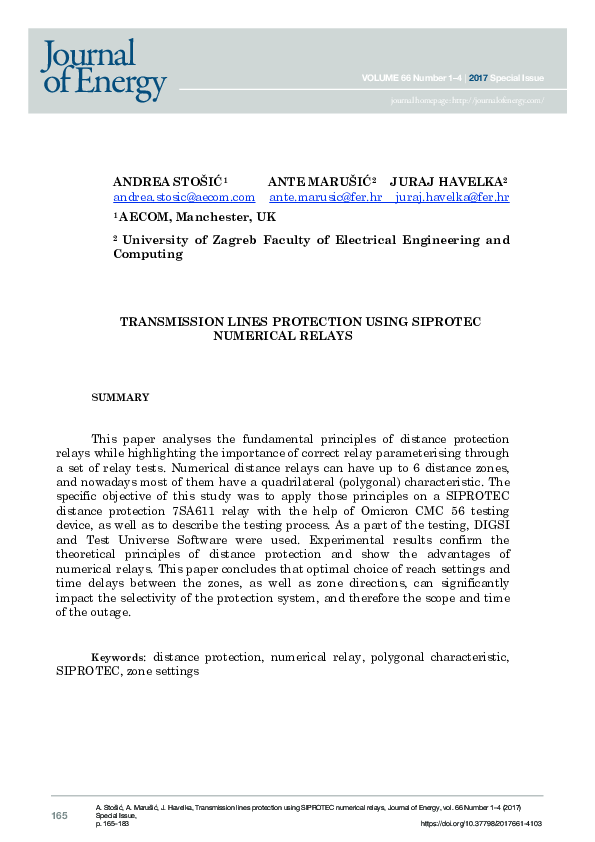 (PDF) Transmission lines protection using SIPROTEC numerical relays