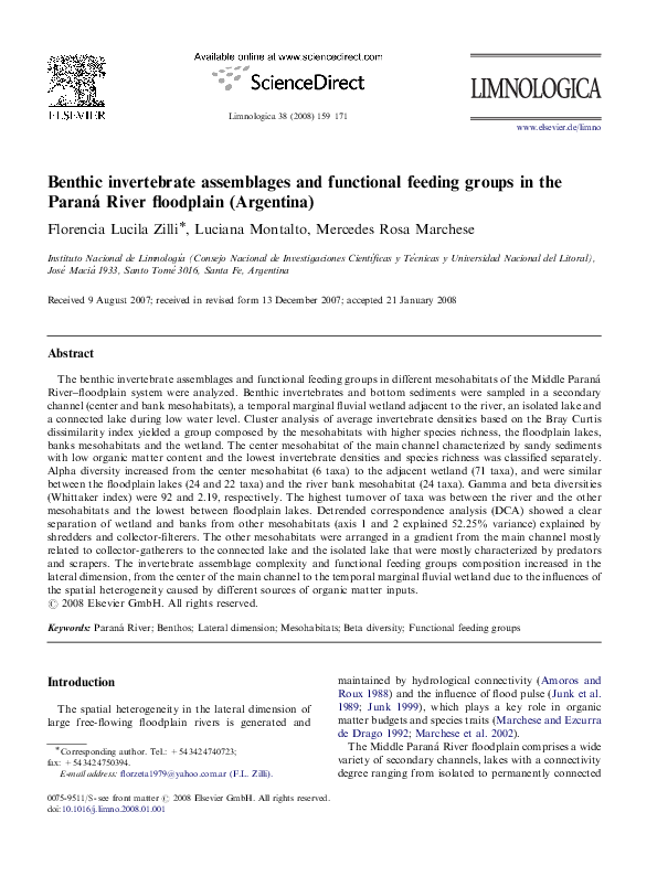 (PDF) Benthic invertebrate assemblages and functional feeding groups in the Paraná River ...