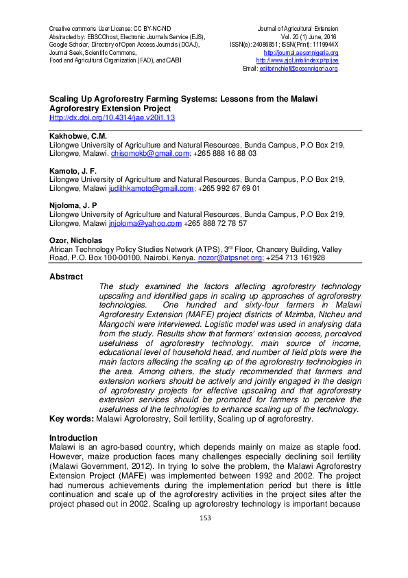 (PDF) Scaling up agroforestry farming systems: Lessons from the Malawi ...