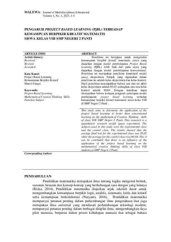 (PDF) PENGARUH PROJECT BASED LEARNING (PjBL) TERHADAP KEMAMPUAN BERPIKIR KREATIF MATEMATIS SISWA ...