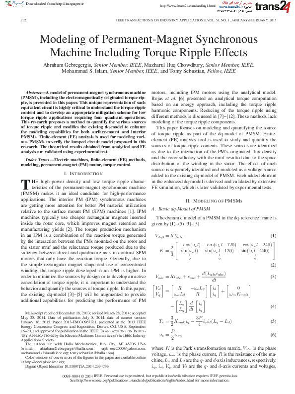 (PDF) Modeling of Permanent-Magnet Synchronous Machine Including Torque Ripple Effects