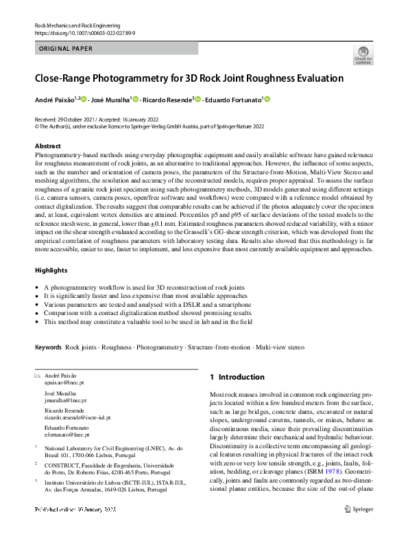 (PDF) Close-Range Photogrammetry for 3D Rock Joint Roughness Evaluation