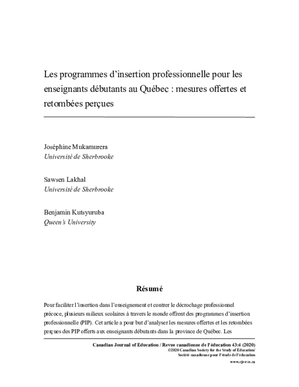 (PDF) Les programmes d’insertion professionnelle pour les enseignants débutants au Québec ...
