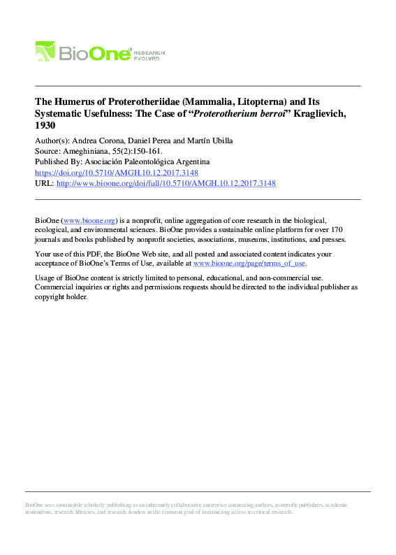 (PDF) The Humerus of Proterotheriidae (Mammalia, Litopterna) and Its ...